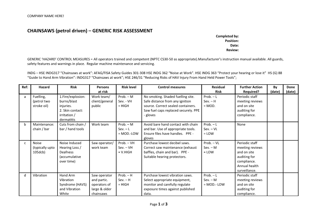 CHAINSAWS (Petrol Driven) GENERIC RISK ASSESSMENT - Docest CHAINSAWS (Petrol Driven) GENERIC RISK ASSESSMENT - Docest