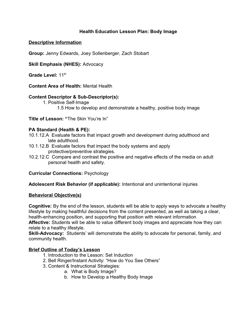 Health Education Lesson Plan Body Image Docest
