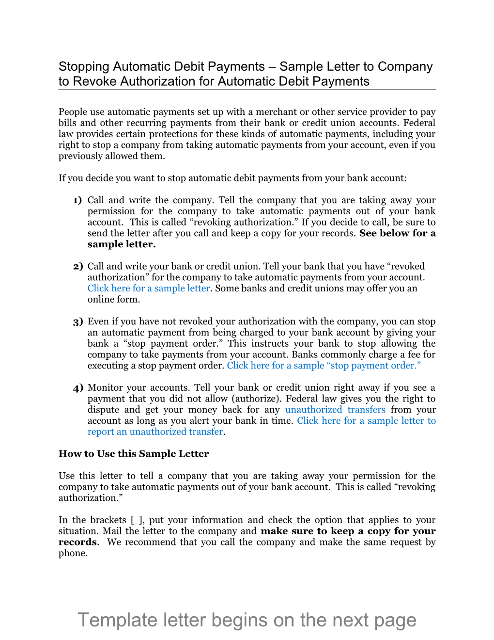 Stopping Automatic Debit Payments Sample Letter to Company to Revoke ... Stopping Automatic Debit Payments Sample Letter to Company to Revoke ...